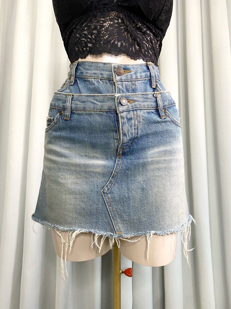 Y2K Acubi Double Waistband Tattered Ripped Hem Denim Jeans Mini Skirt ...
