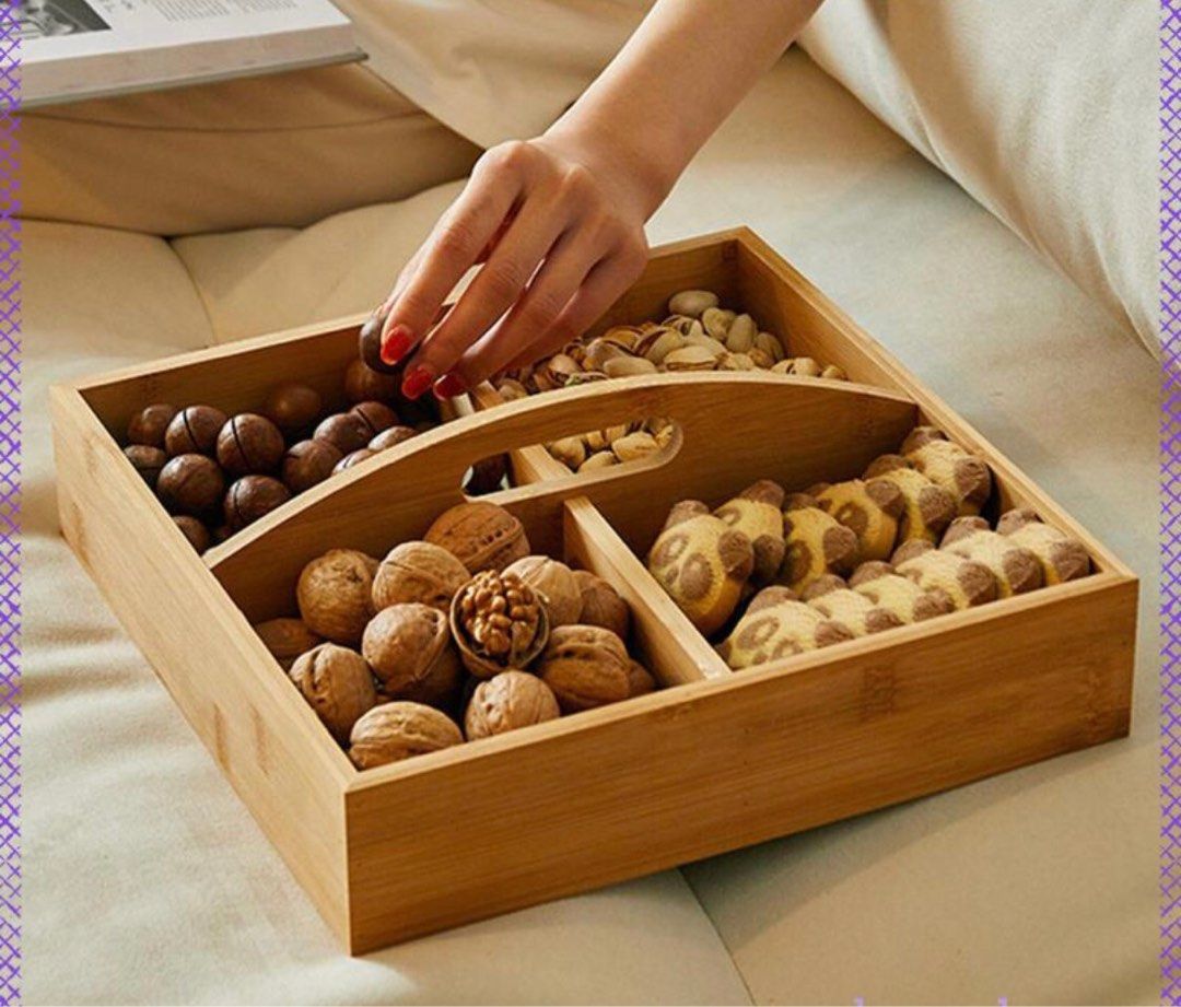 Bamboo nuts storage platter tray with 4 grids, Furniture & Home Living ...