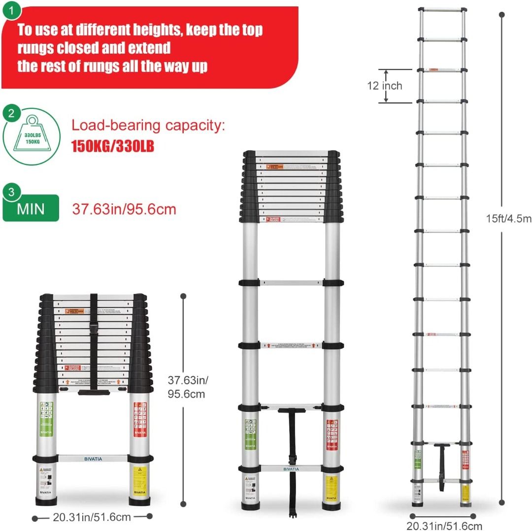 BIVATIA 15 Ft Smartsafe Aluminum Telescoping Ladder: Telescopic ...