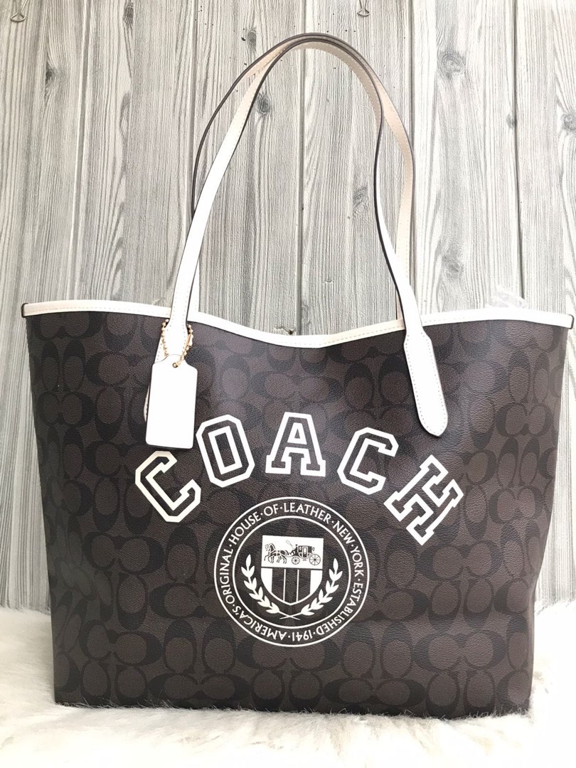 Coach CB869 varsity signature city tote bag brown chalk multi, Barang ...