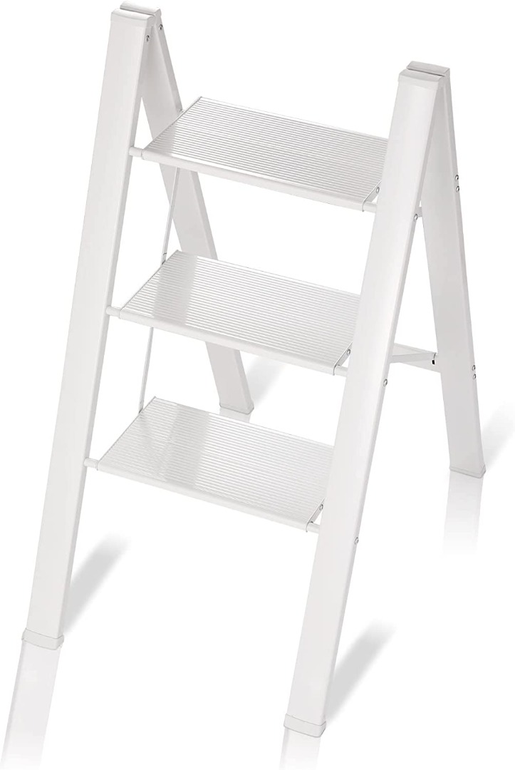 flygeneral 3 Step Ladder,White Aluminum Folding Ladder Stool, Wider ...
