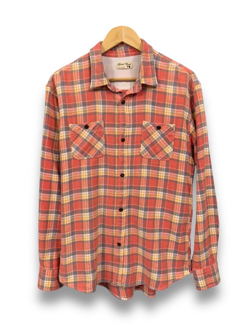 Global Work Button Up Checked Flannel Shirt, Men's Fashion, Tops & Sets ...