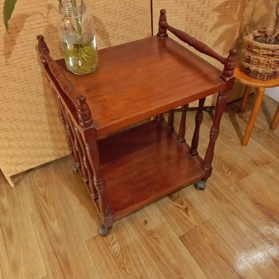 Large Vintage Old Wood Spindle 2 Tier Cart Trolley Shelf altar table ...