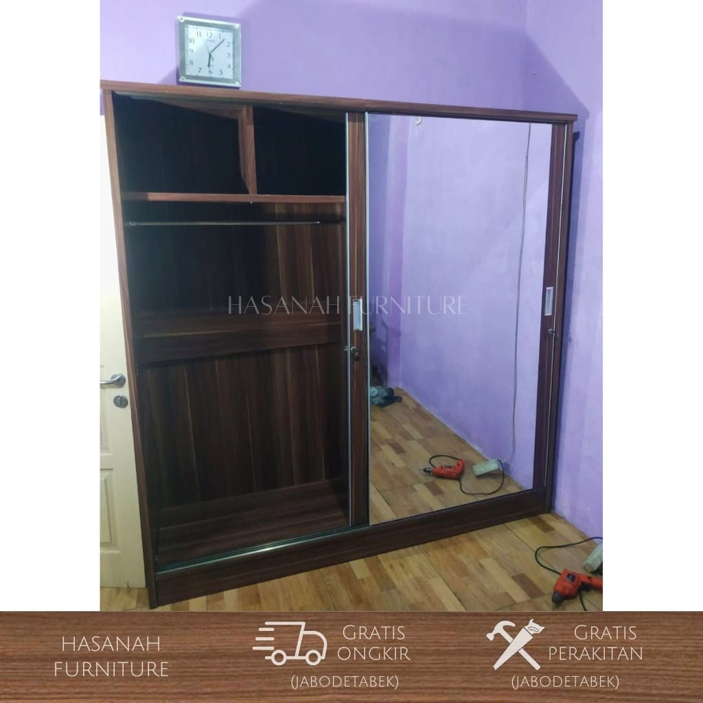 Lemari pakaian sliding 2 pintu kaca full modern minimalis, Perabotan ...