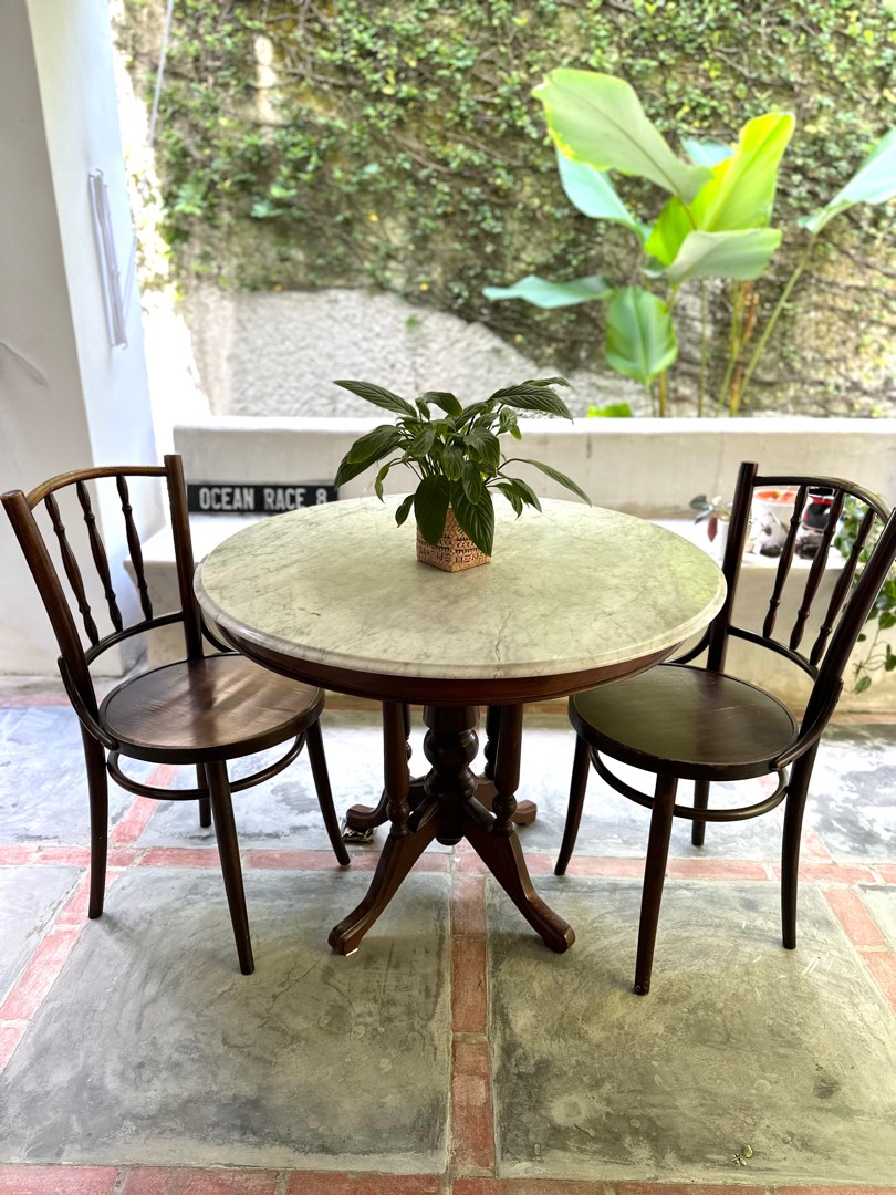 Marble-top kopitiam table & 2 chairs, Furniture & Home Living ...