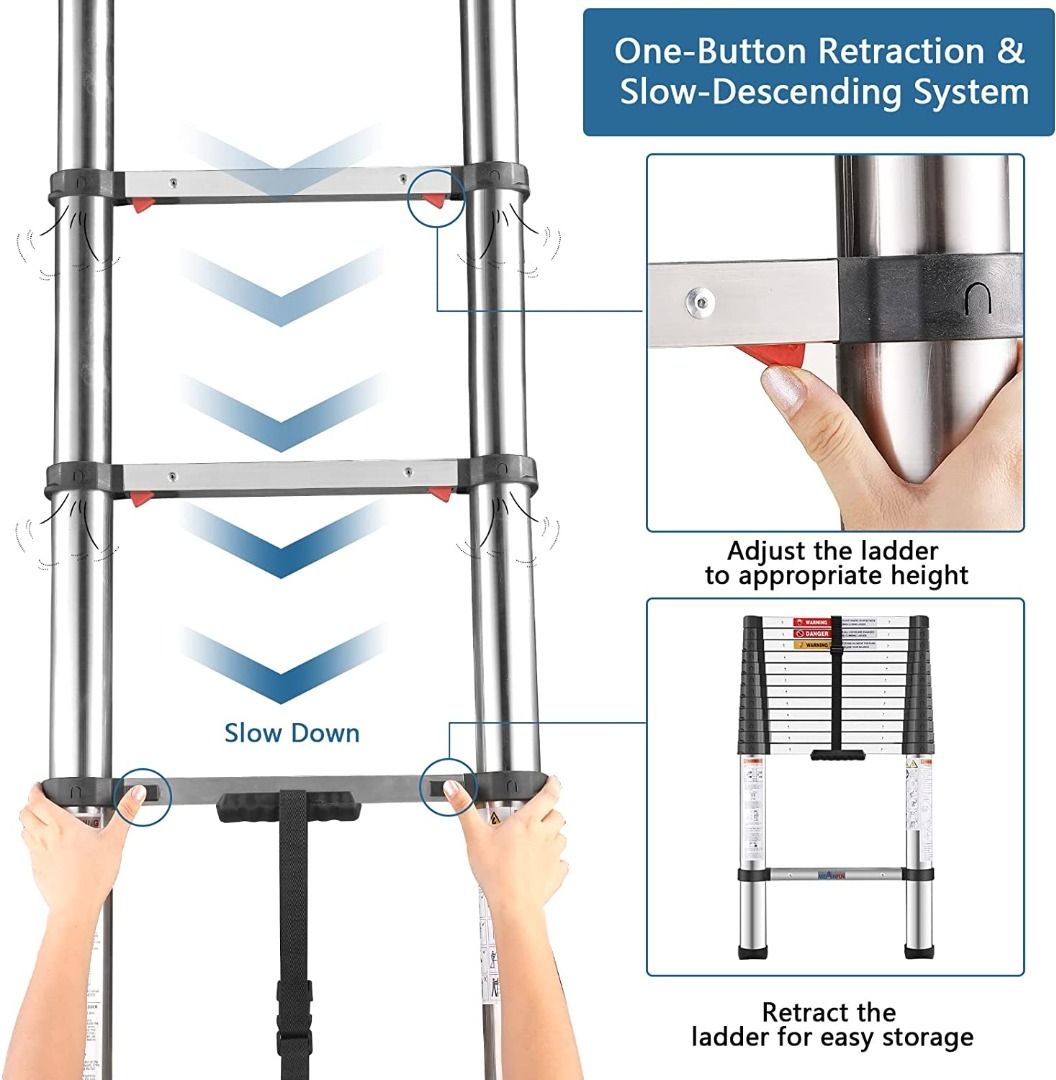 MEANFUN 12.5 FT Telescoping Ladder, One-Button Retraction Compact ...