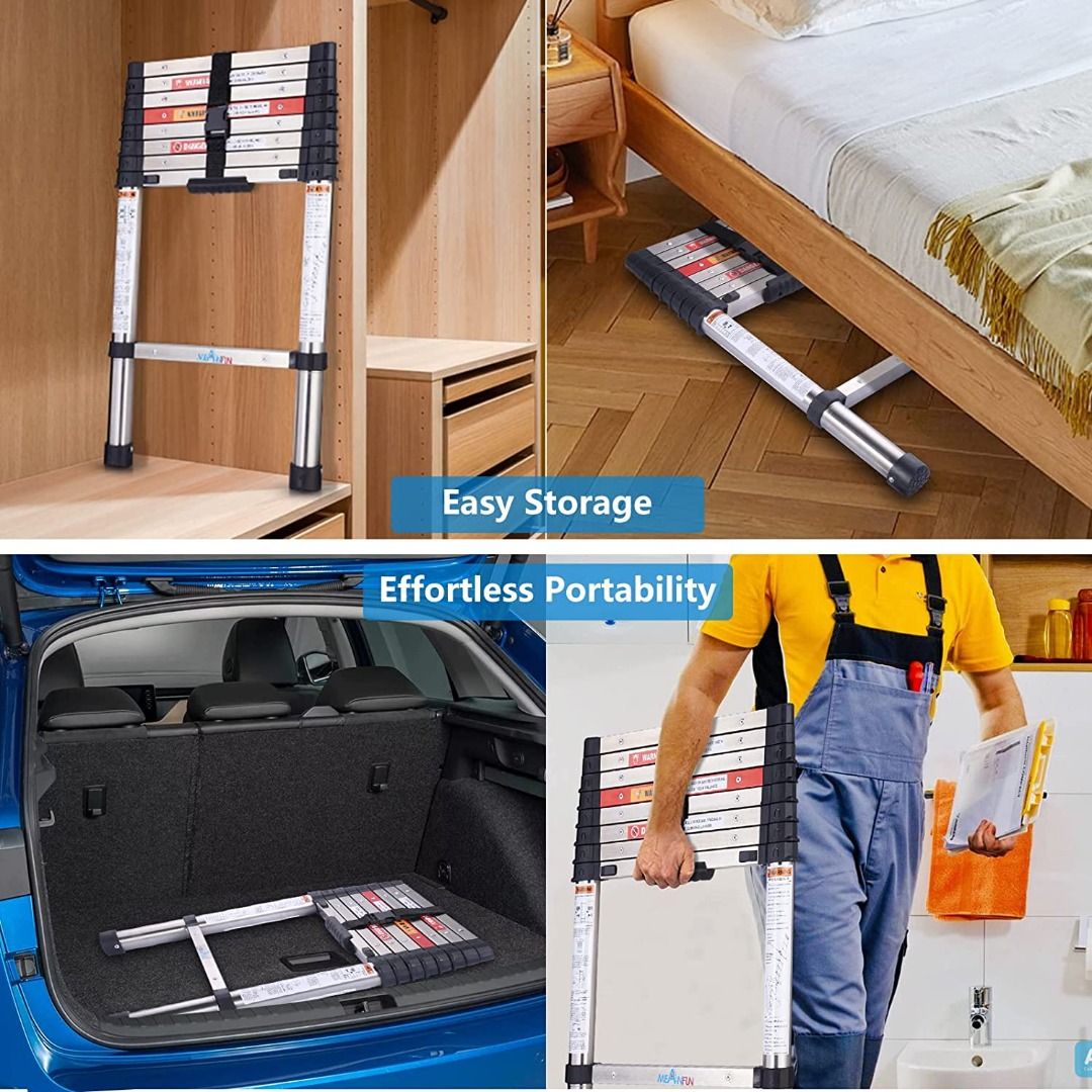MEANFUN Telescoping Ladder, 8.5 FT One-Button Retraction Stainless ...