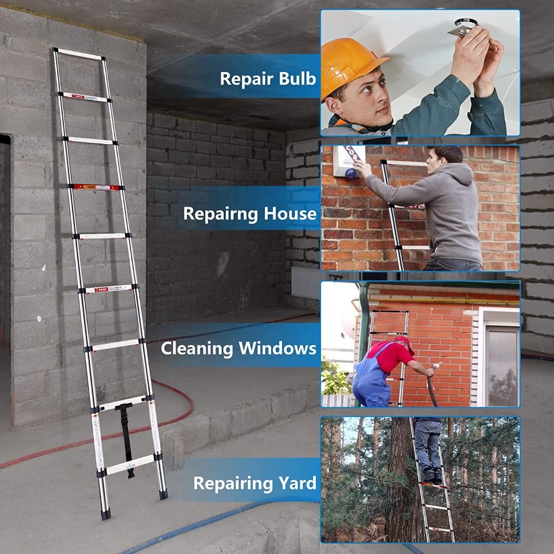 MEANFUN Telescoping Ladder, 8.5 FT One-Button Retraction Stainless ...