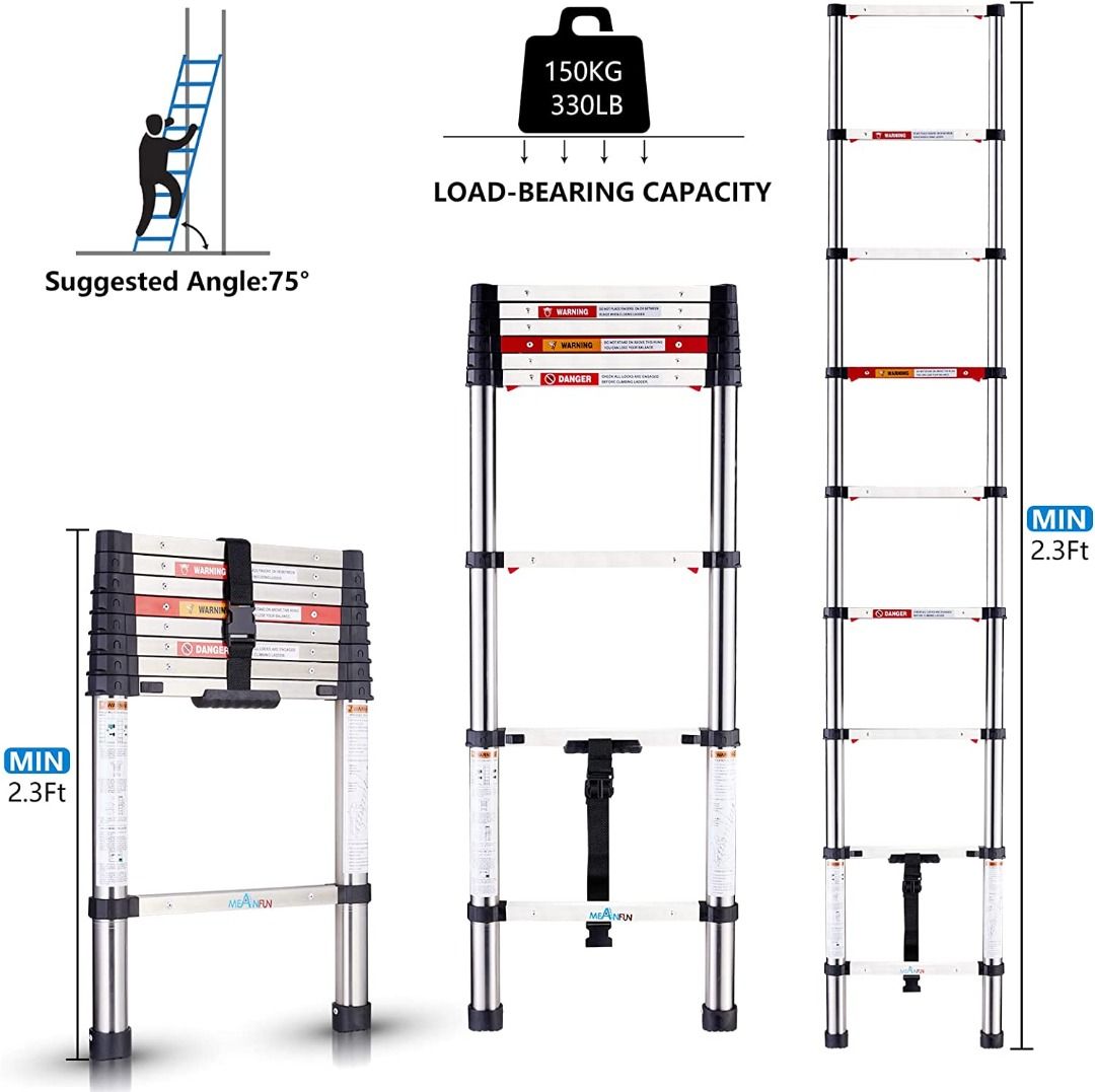 MEANFUN Telescoping Ladder, 8.5 FT One-Button Retraction Stainless ...