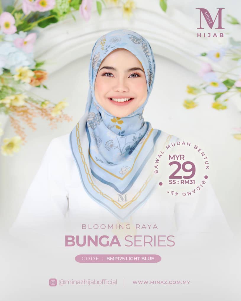 Minaz hijab blooming raya light blue, Women's Fashion, Muslimah Fashion ...