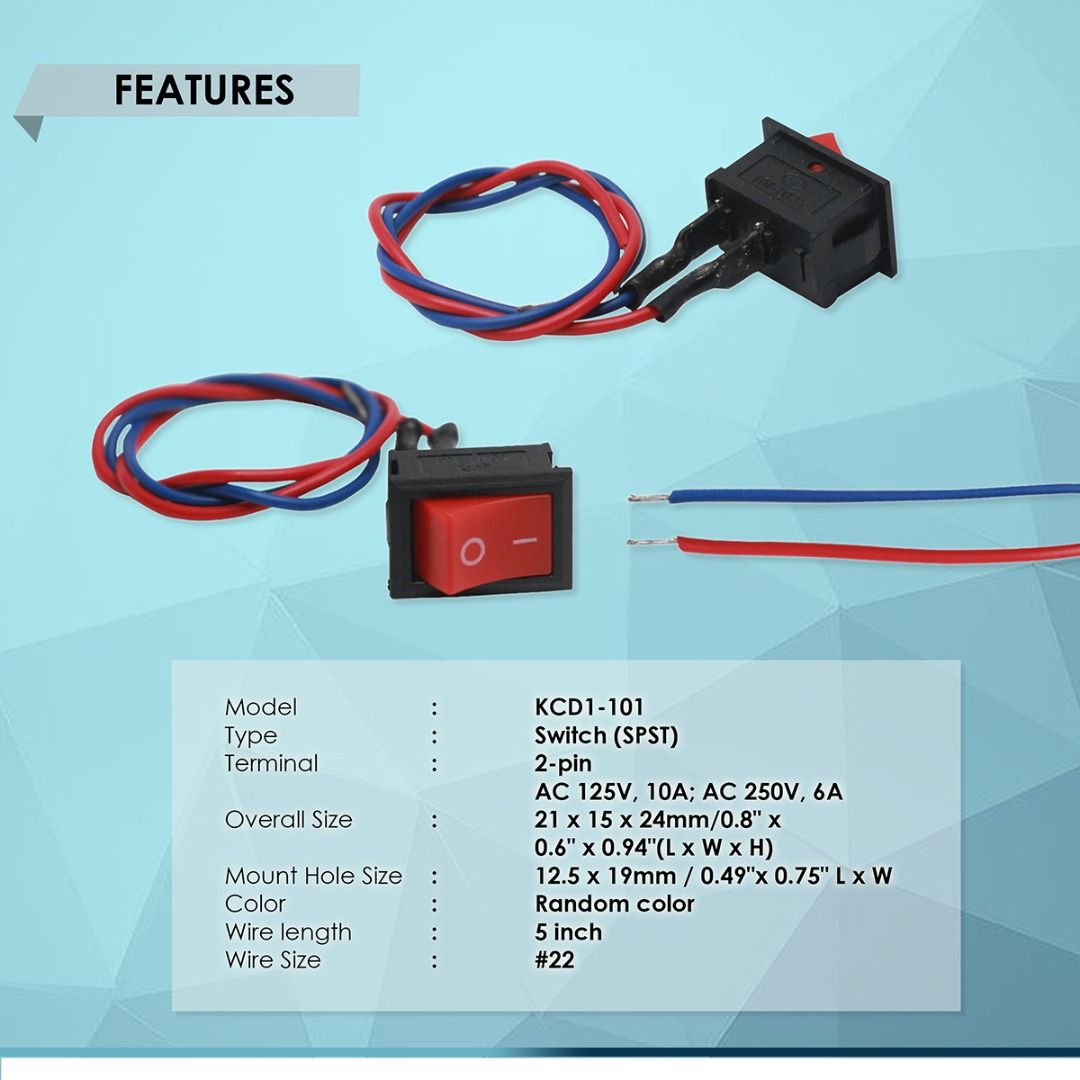 ROCKER SWITCH KCD1-101 2-PIN ON-OFF, SPST AC 6A/250V 10A/125V, with PRE ...