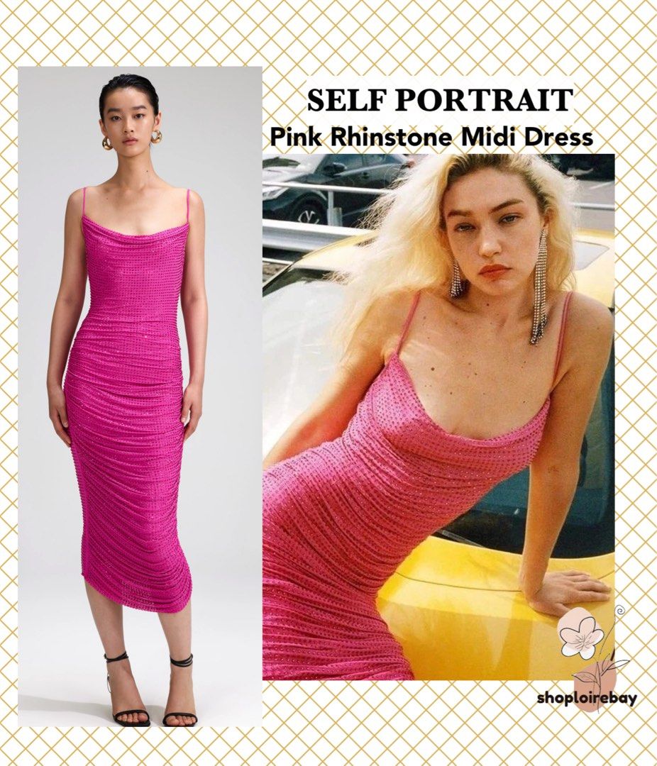 Self Portrait Pink Embellished rhinestone midi dress, Women's Fashion ...