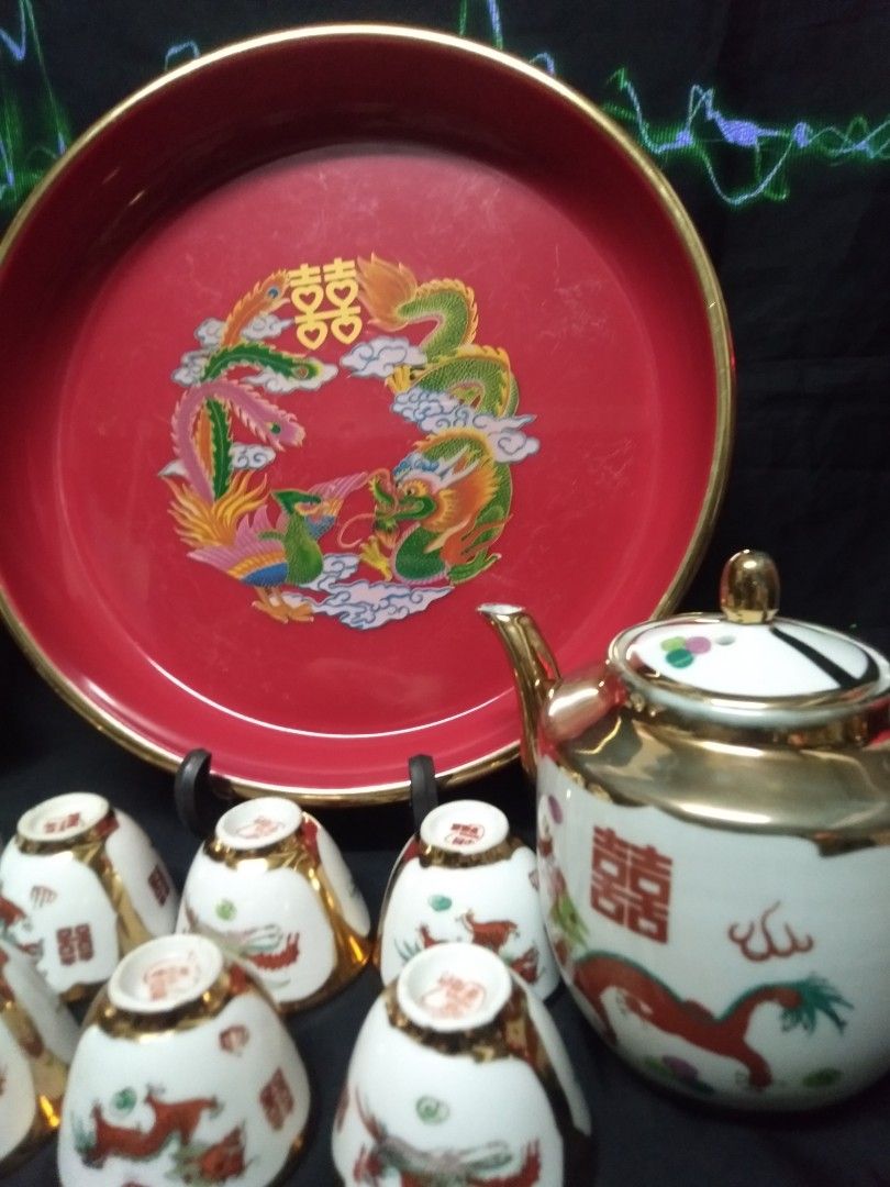 Set 2: Chinese Ceremonial Tea Set/ Double Happiness/ Gold-Red Phoenix ...