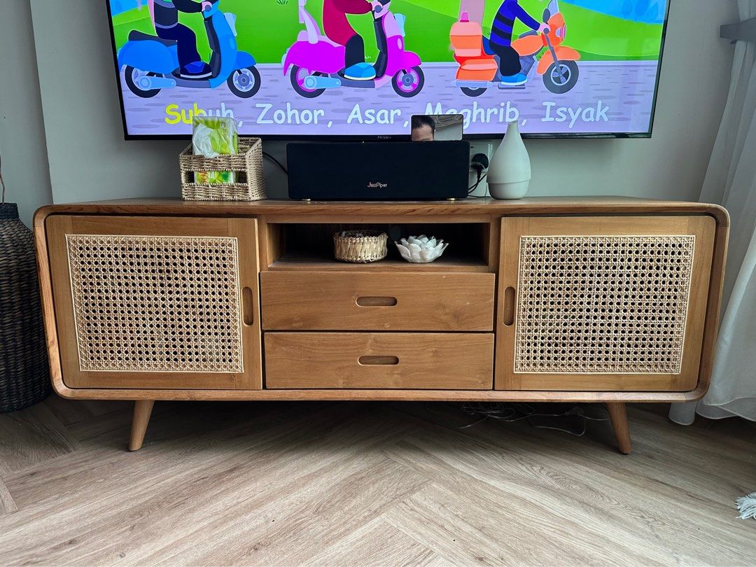 Rattan Solid Teakwood Tv Console, Furniture & Home Living, Furniture, TV Consoles on Carousell