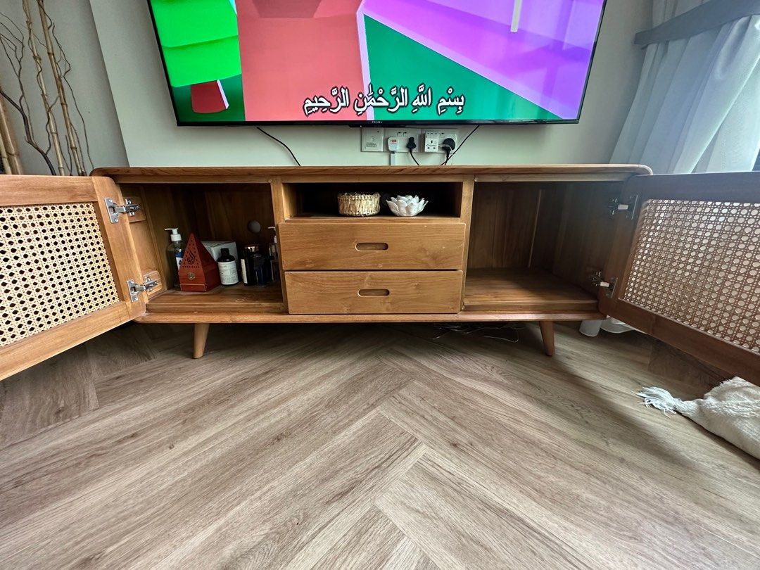 Rattan Solid Teakwood Tv Console, Furniture & Home Living, Furniture, TV Consoles on Carousell