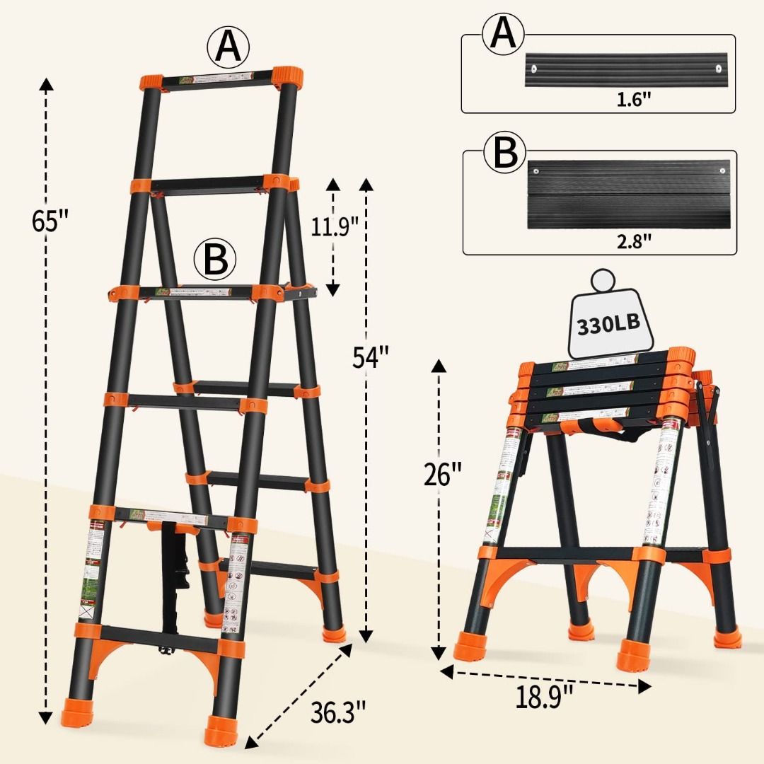 Telescoping Ladder, A-Frame Aluminum Telescopic Ladder with One-Button ...