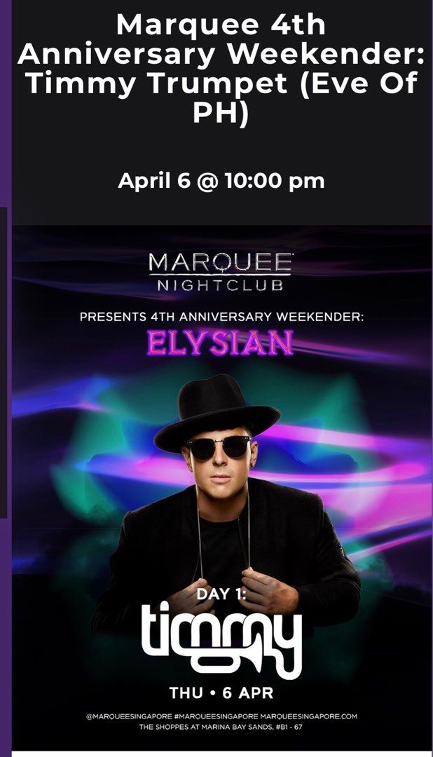 Timmy trumpet live in Singapore at marquee (gentleman ticket ), Tickets ...