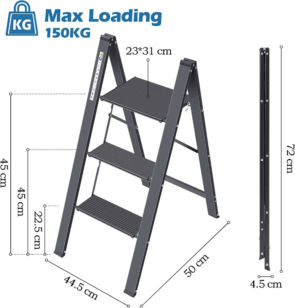 TOOLF 3 Step Aluminium Folding Ladder, Portable Slim Step Stool, Safety ...