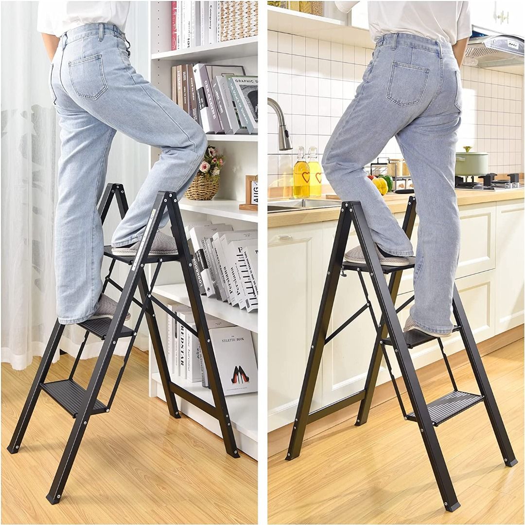 TOOLF 3 Step Aluminium Folding Ladder, Portable Slim Step Stool, Safety ...