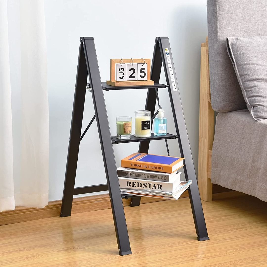 TOOLF 3 Step Aluminium Folding Ladder, Portable Slim Step Stool, Safety ...