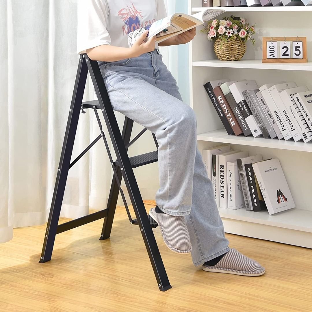 TOOLF 3 Step Aluminium Folding Ladder, Portable Slim Step Stool, Safety ...