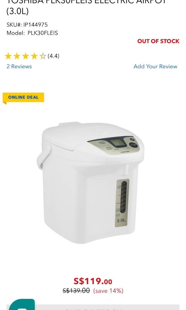 TOSHIBA PLK30FLEIS ELECTRIC AIRPOT (3.0L) Display Set $70, TV & Home Appliances, Kitchen ...