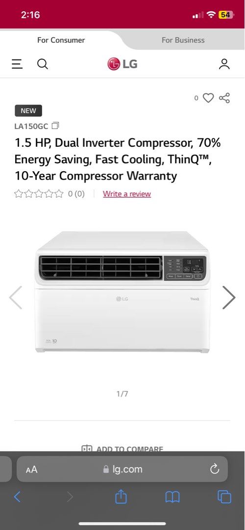 1.5 HP LG window type dual inverter aircon, TV & Home Appliances, Air ...