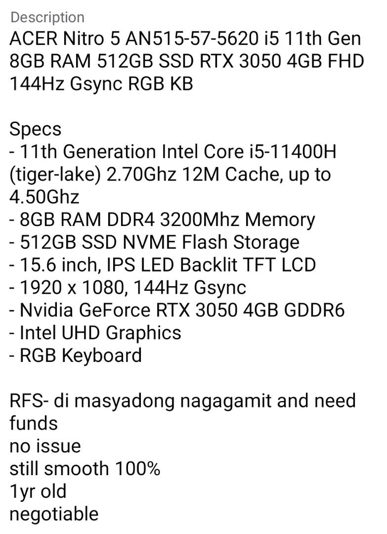 ACER NITRO 5 N515-57-5620 i5 11th Gen, Computers & Tech, Laptops ...
