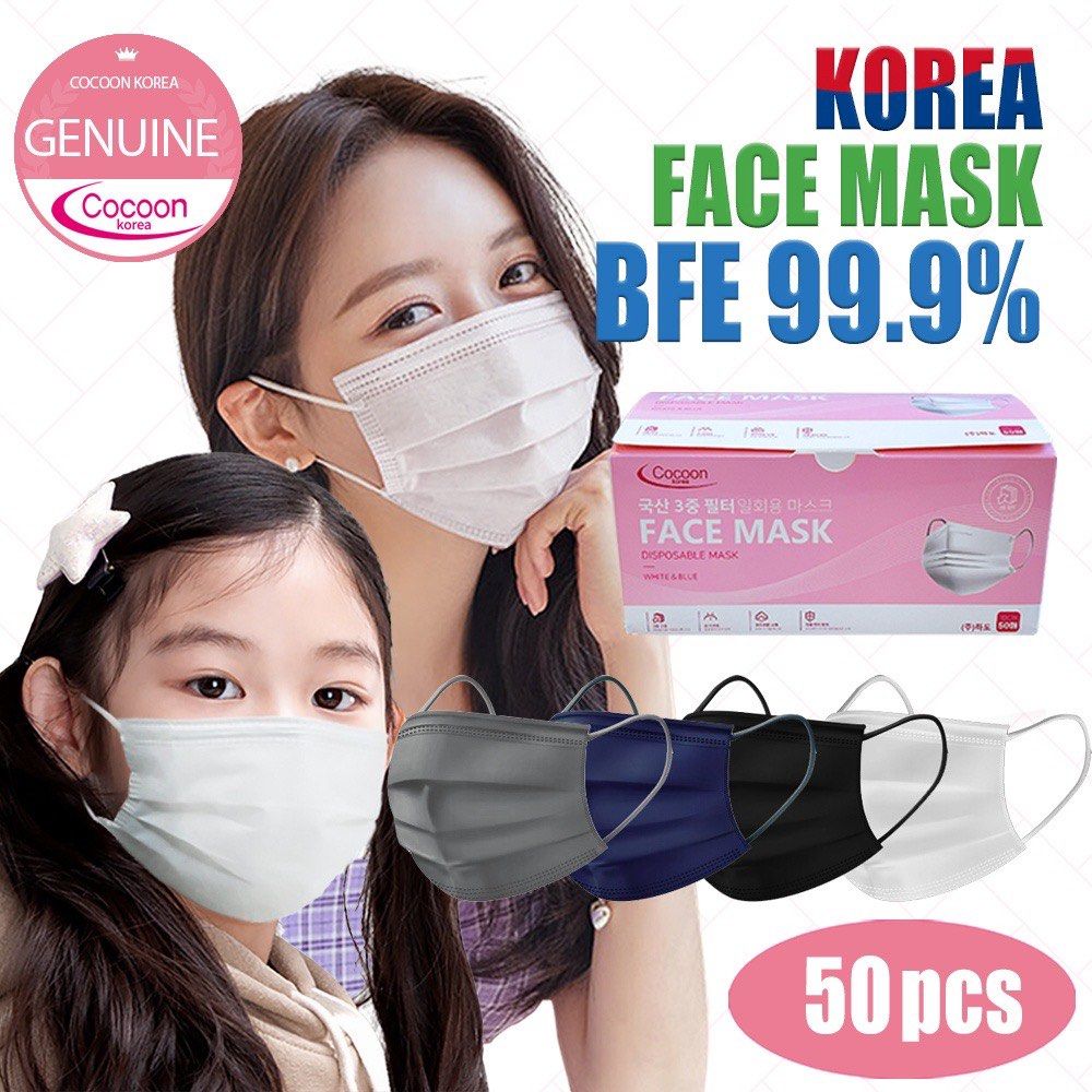 COCOON Disposable Comfortable BFE 99.9 Over 3ply Korean Mask Black Color Made Korea, Health ...