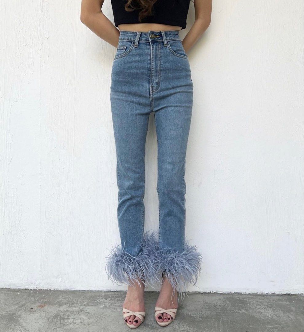 DESIGNERS OSTRICH FEATHER HIGH WAIST JEANS, Women's Fashion, Bottoms ...