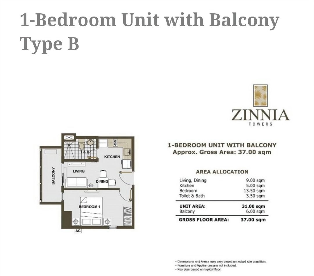 1-br bare condo in Zinnia Towers with balcony (37sqm) + parking (12sqm ...