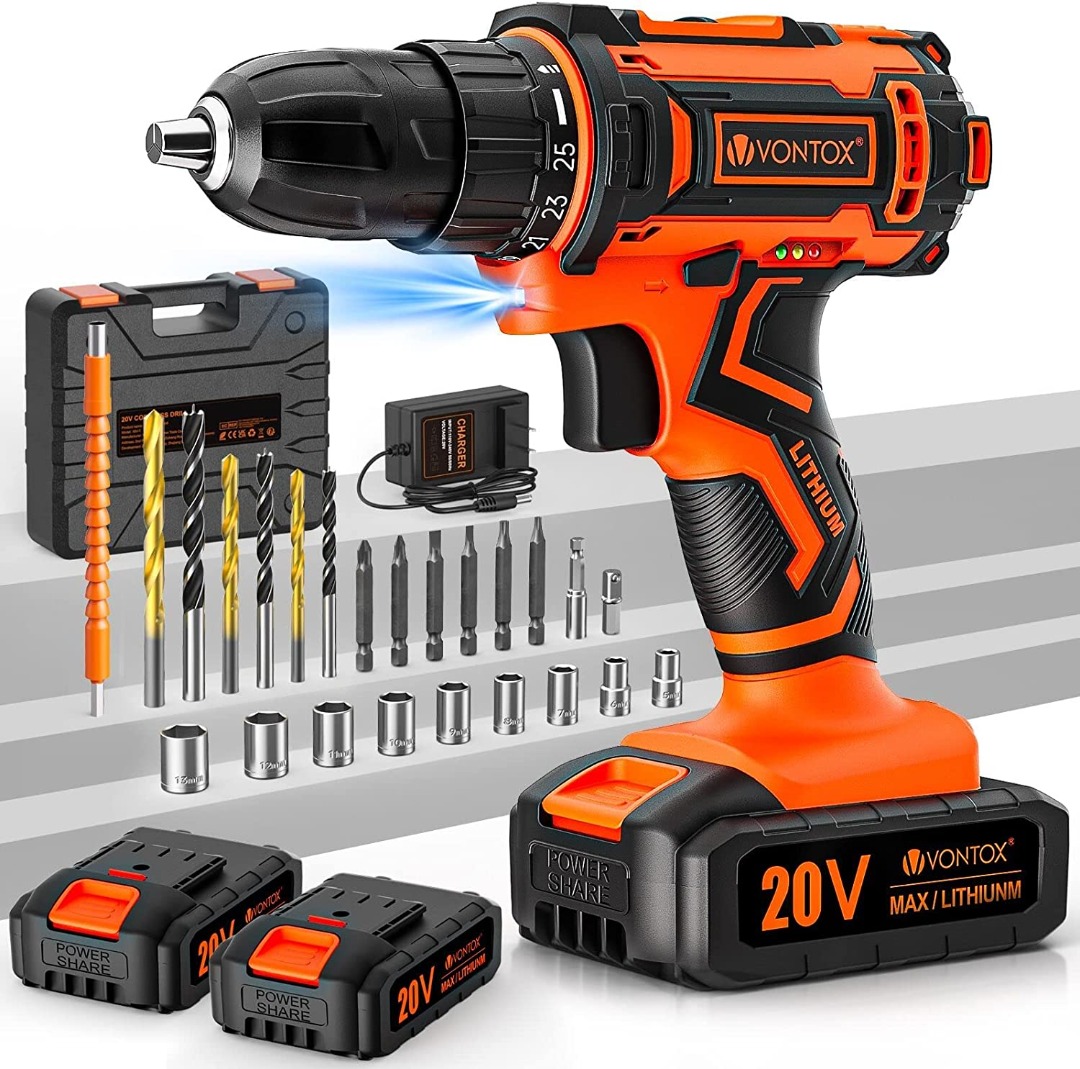 Drill Set, V VONTOX 20V Cordless Drill with 2 Lithium-ion Batteries 2 ...