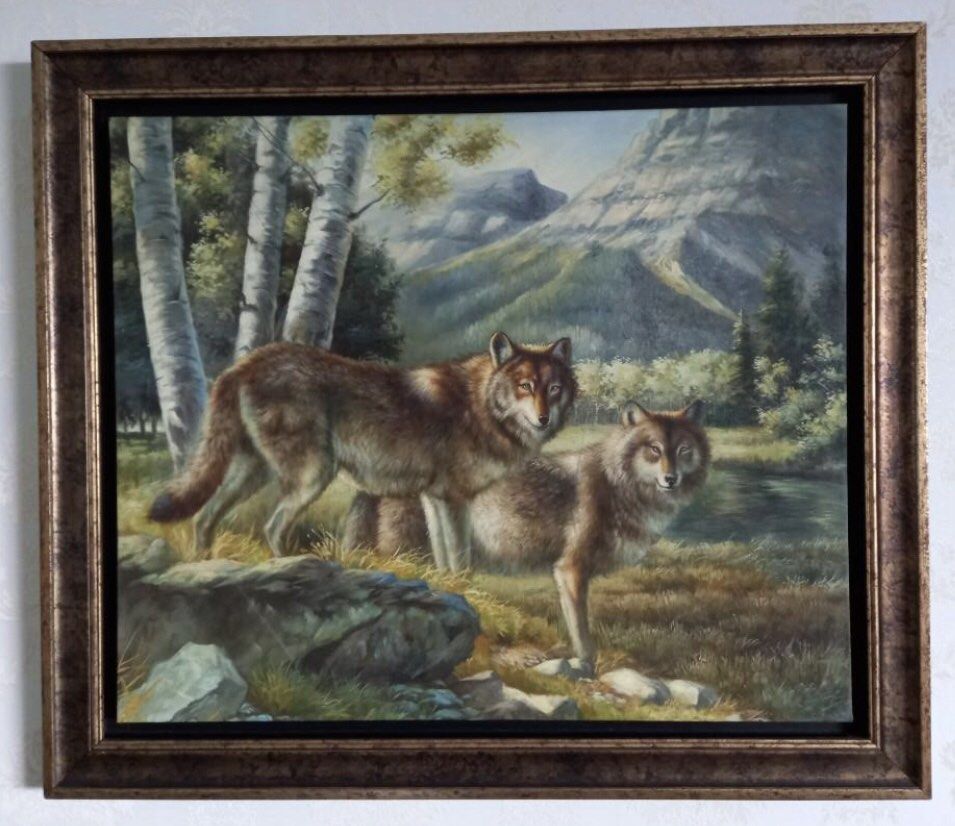 Framed Wolf Posing in Nature, Forest, Wild Animal Oil Painting ...