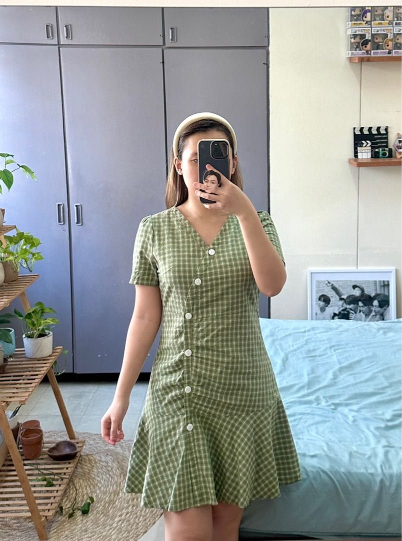 Green Checkered Korean Dress on Carousell