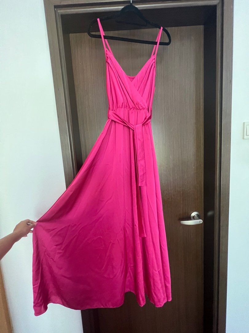 Magenta Pink Satin Maxi Dress from Italy, Women's Fashion, Dresses ...