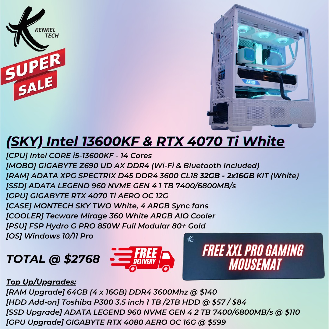 RTX 4070 Ti & Intel i5-13600KF Custom White Gaming PC, Video Editing PC ...