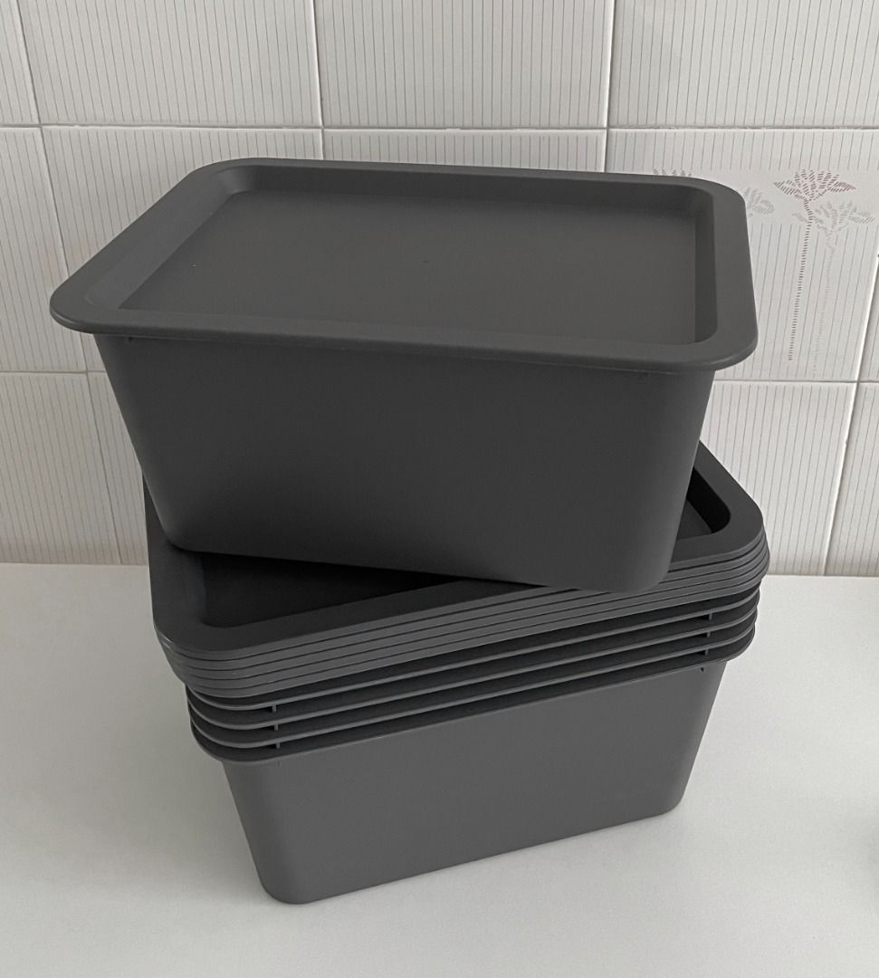 Set of 6 x Daiso Storage Box with Lid (small, grey) - 26cm x 19cm x 11 ...