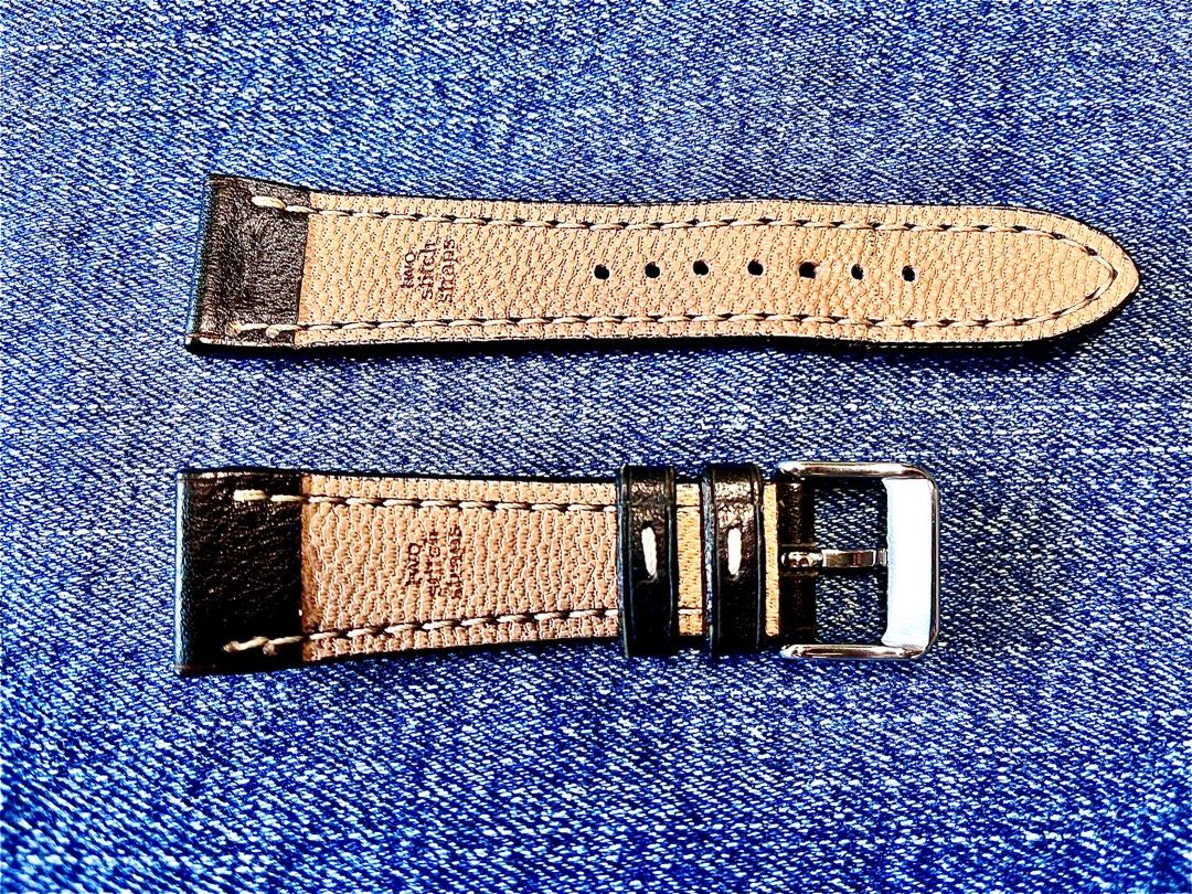Two Stitch Straps 22mm Full Stitch Black Leather Watch Strap, Men's ...