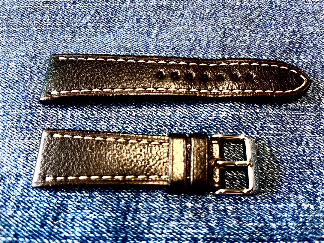 Two Stitch Straps 22mm Full Stitch Black Leather Watch Strap, Men's ...