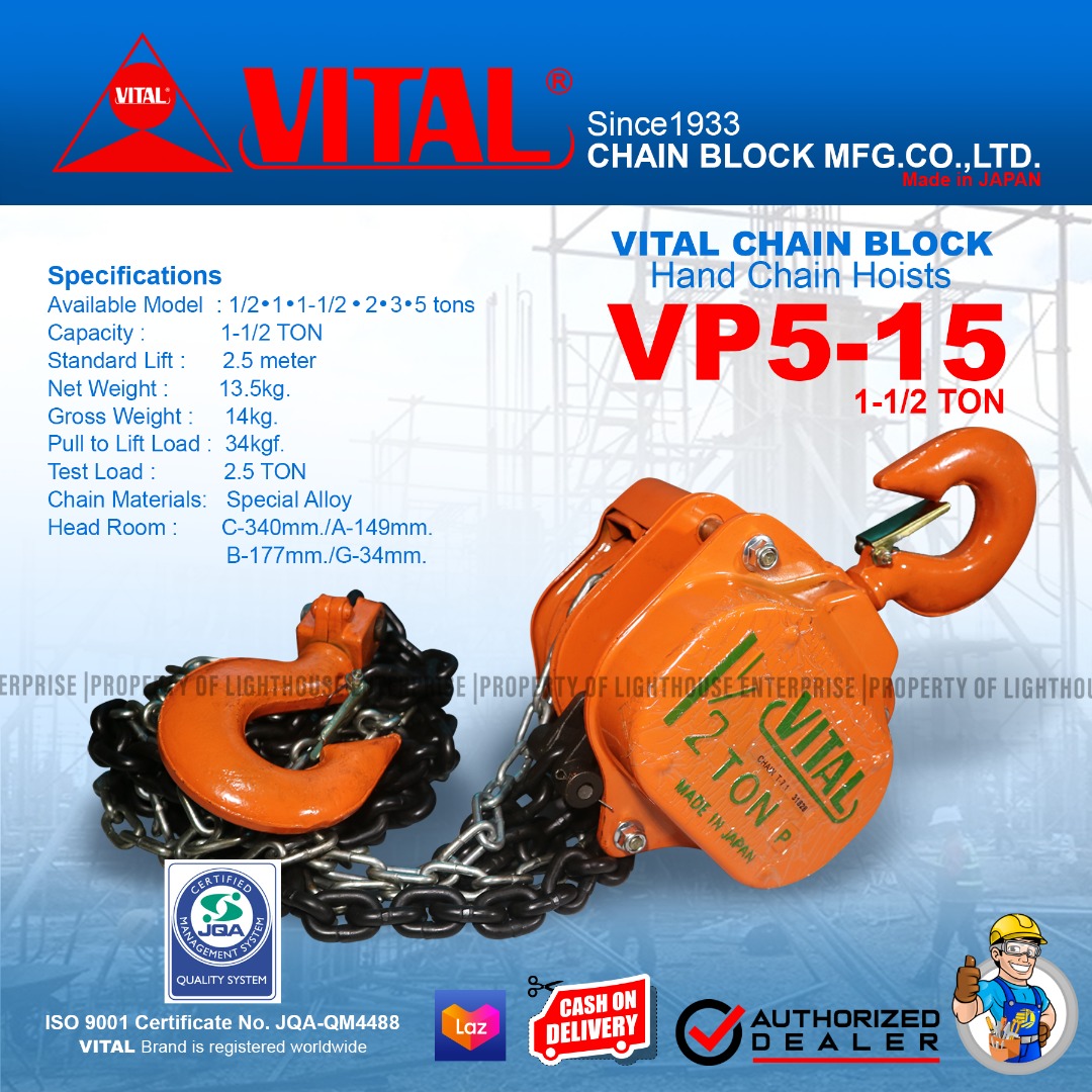 VITAL 1-1/2 Ton Chain Block / Chain Hoist (VP5-15) *LIGHTHOUSE ...