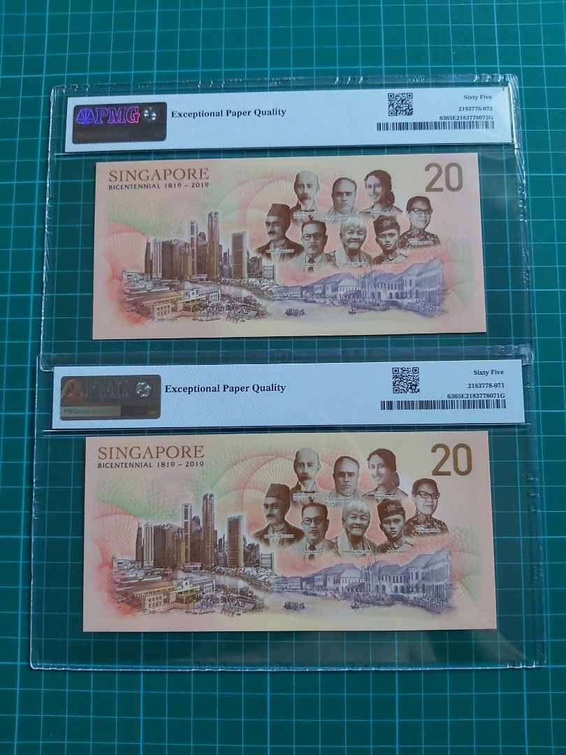 2x identical 65 EPQ Bicentennial Commemorative note Singapore currency ...