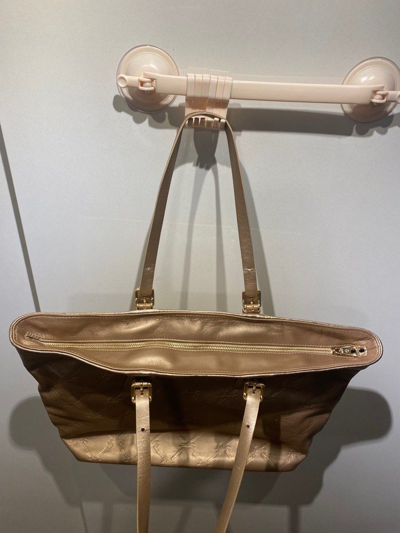 Authentic LONGCHAMP LM Cuir Metal monogram champagne gold leather large ...
