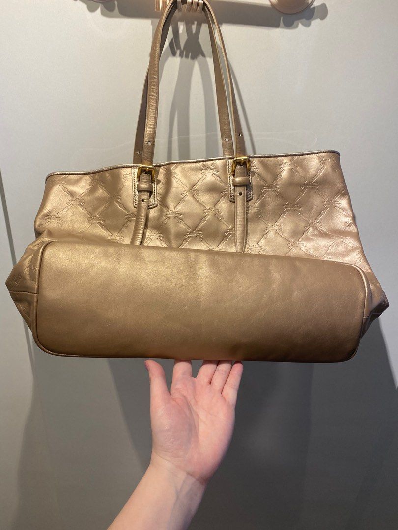 Authentic LONGCHAMP LM Cuir Metal monogram champagne gold leather large ...