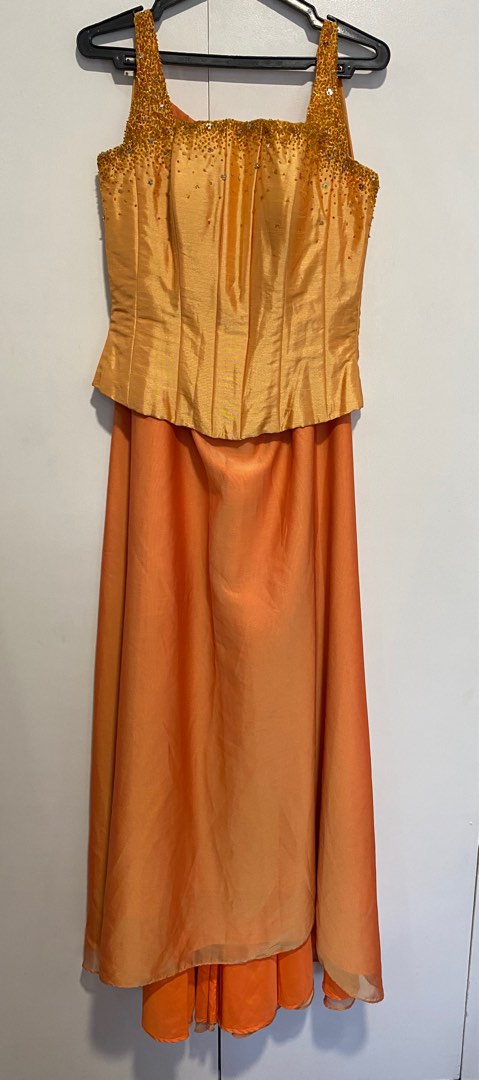Cecilio Abad Stunning Sunset Orange Long Gown Bustier With Gathered ...