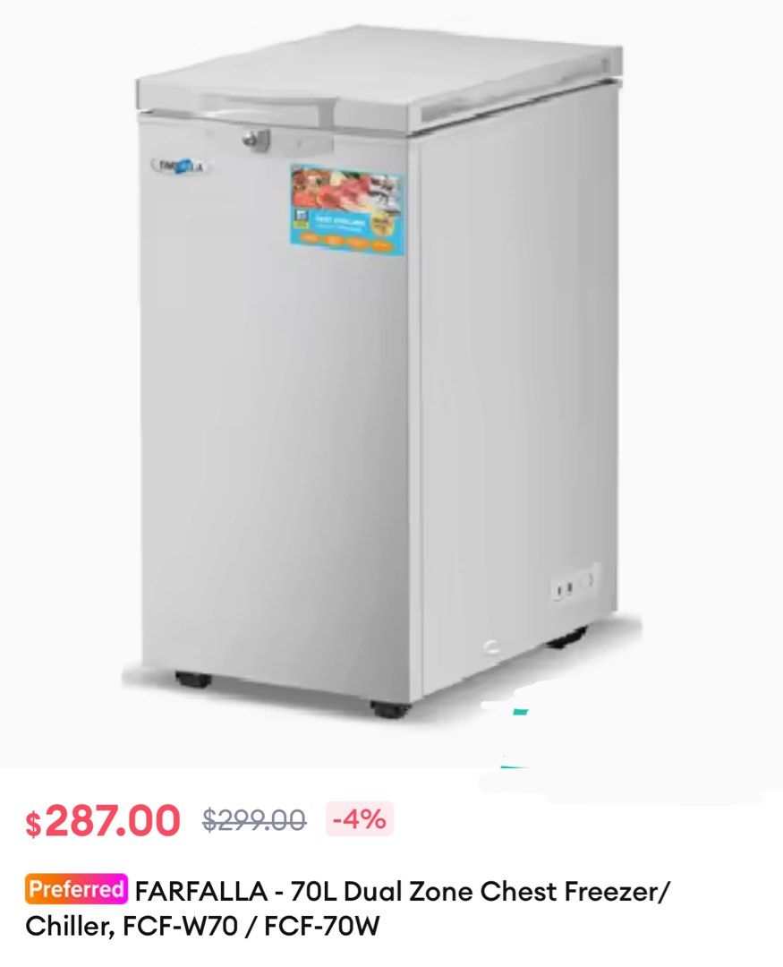 FARFALLA - 70L Dual Zone Chest Freezer/ Chiller, FCF-W70 / FCF-70W, TV & Home Appliances ...