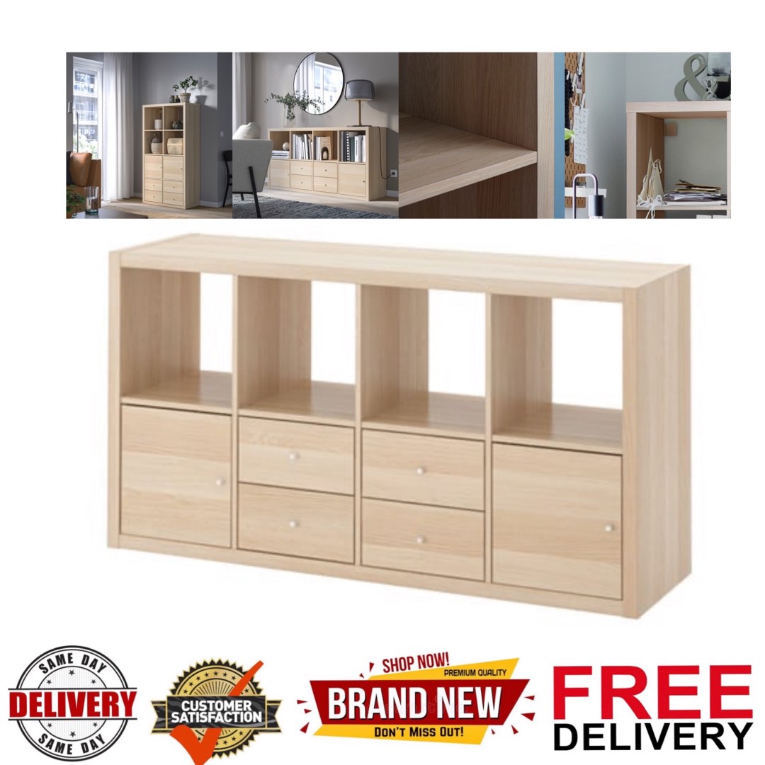 Kallax shelving unit, KALLAX Shelving unit with 4 inserts White stained ...