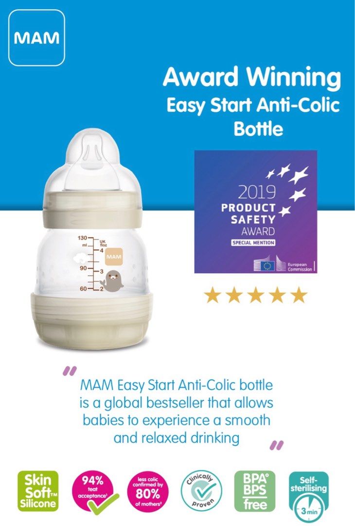 MAM Easy Start Anti Colic Bottle (130ml) with Extra Slow Flow Silicone Teat, Babies & Kids ...
