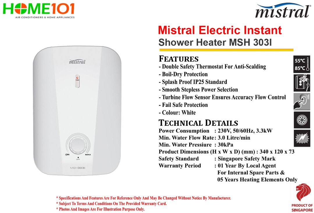 Mistral Instant Water Heater MSH-303I II MSH606, TV & Home Appliances ...