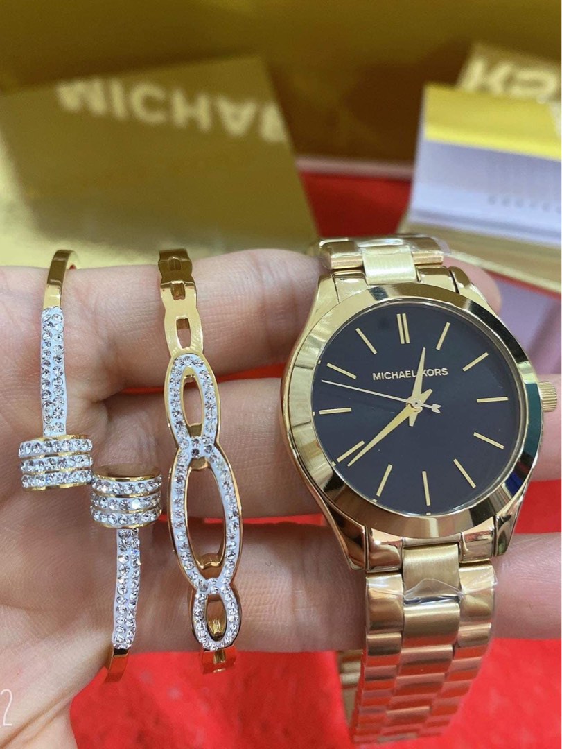 MK SLIM RUNWAY BLACK DIAL SET WITH BANGLES AUTHENTIC WATCH on Carousell