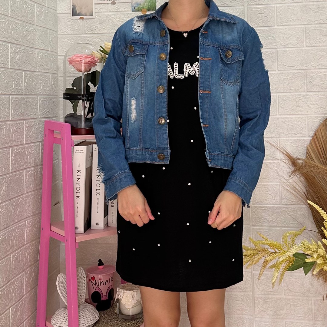 (NETT) Dark Denim Ripped Long Sleeve Outer Jeans Jacket Premium Button ...